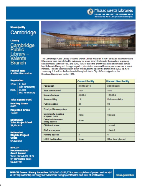 Valente Branch Cambridge Fact Sheet | MBLC Awarehouse